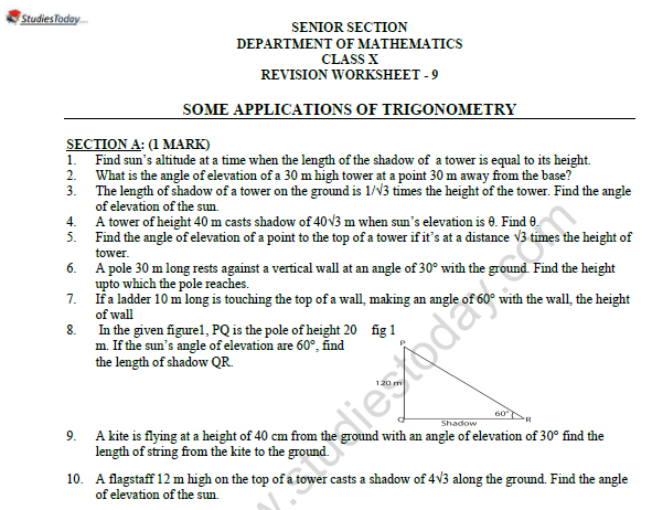 CBSE Class 10 Mathematics Application of Trignometry Worksheet Set C CBSE Class 10 Mathematics Application of Trignometry Worksheet Set C